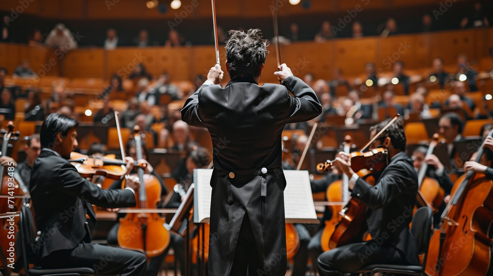 A visually rich composition showcasing a conductor in front of a large ...