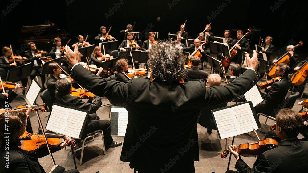 A visually rich composition showcasing a conductor in front of a large ...