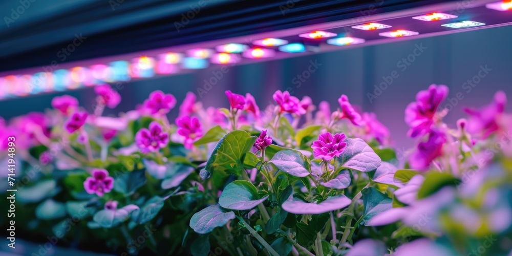 Healthy organic food concept. Young salad grow in vertical farm under ...