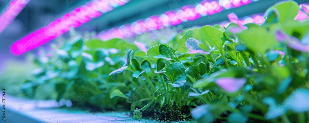 Healthy organic food concept. Young salad grow in vertical farm under ...