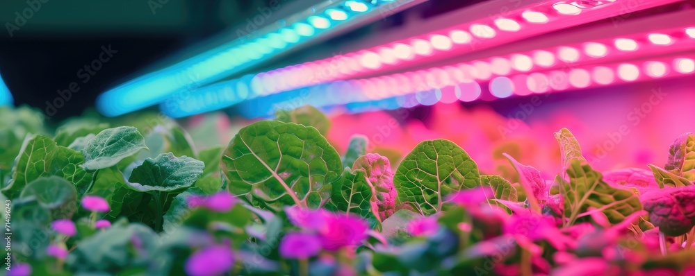 Healthy organic food concept. Young salad grow in vertical farm under ...