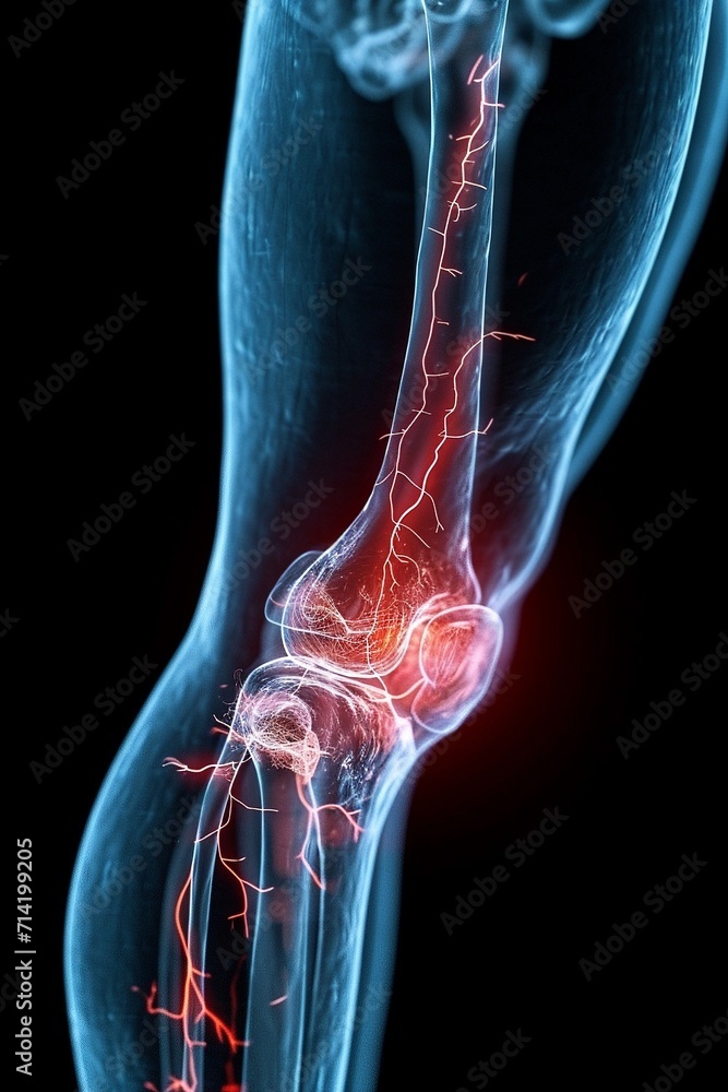 Thigh tendon injury, X - ray style, injury part with red luminous ...