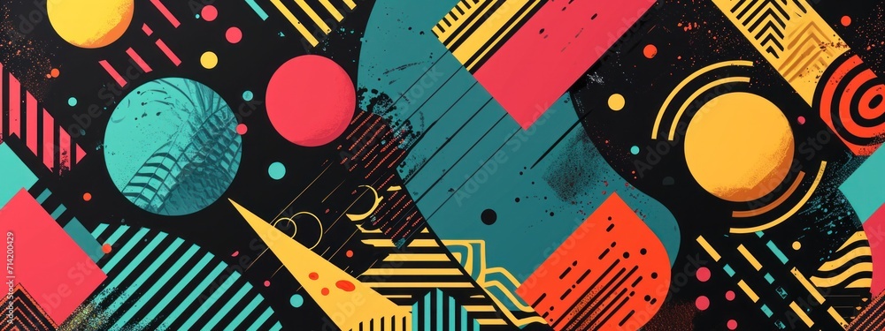 This vibrant abstract design bursts with a variety of geometric shapes ...