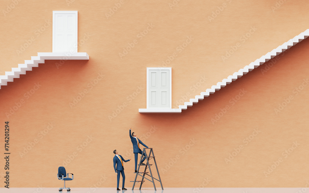 Businessman walking up stairs. Abstract environment with stairs and ...