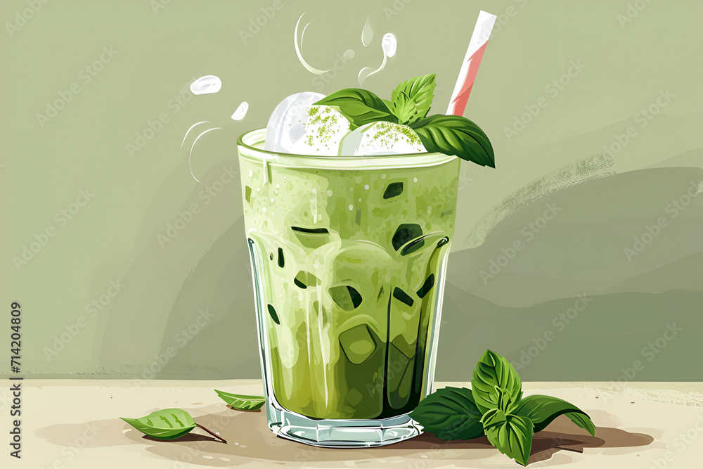 Iced matcha latte with steam on top. Energy boosting drinks. Cold ...
