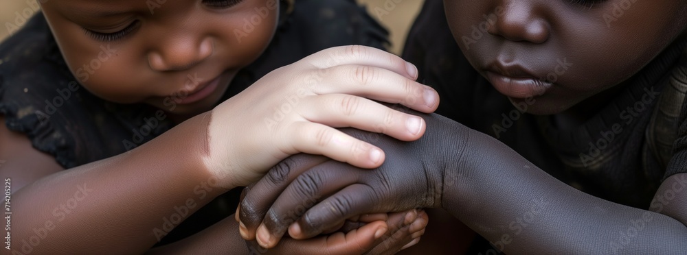 Beautiful black babies closeup focus on the white hand, symptom of ...