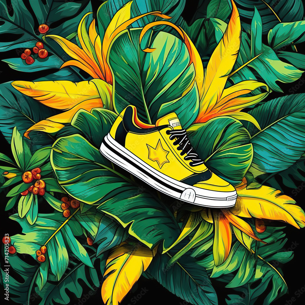 graffiti drawing of tropical leaves with yellow, in the style of hip ...