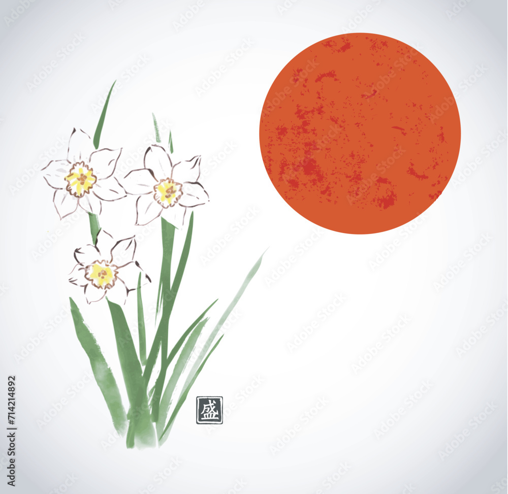 Elegant sumi-e ink wash painting of daffodils and big red sun ...