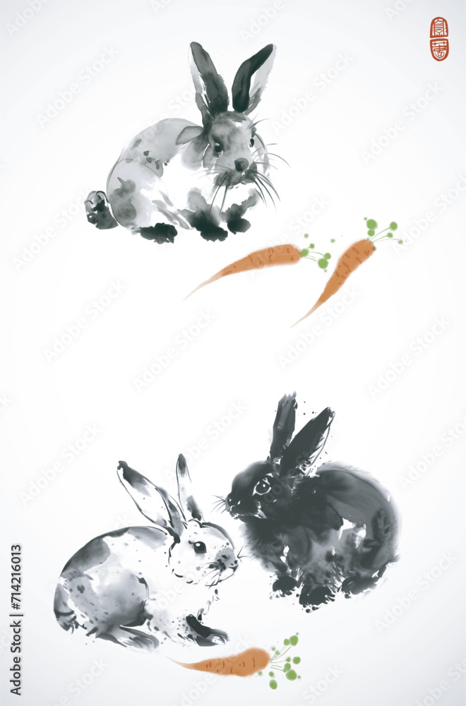 Ink painting of three rabbits with a vibrant orange carrots ...