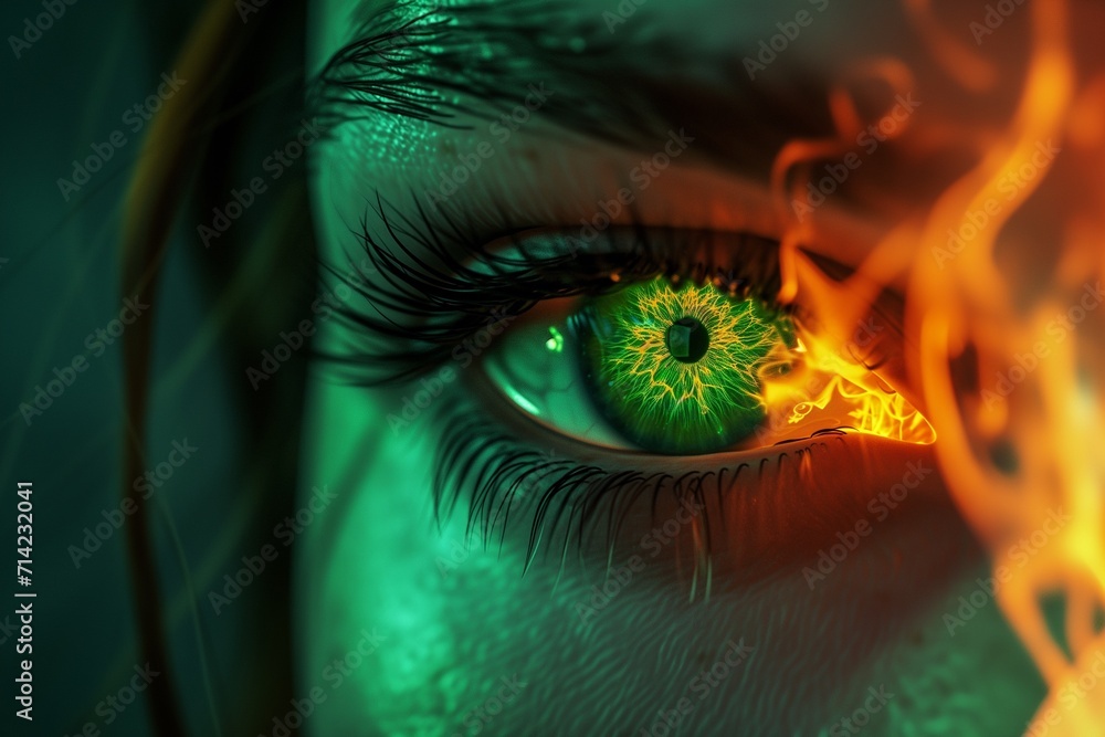 Woman's green eye in the dark. Fire. Piercing eyes. Burning demonic ...