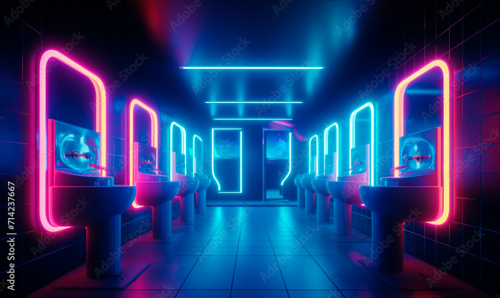Neon cyber toilet with washstands background. Digital 3d dark room with ...