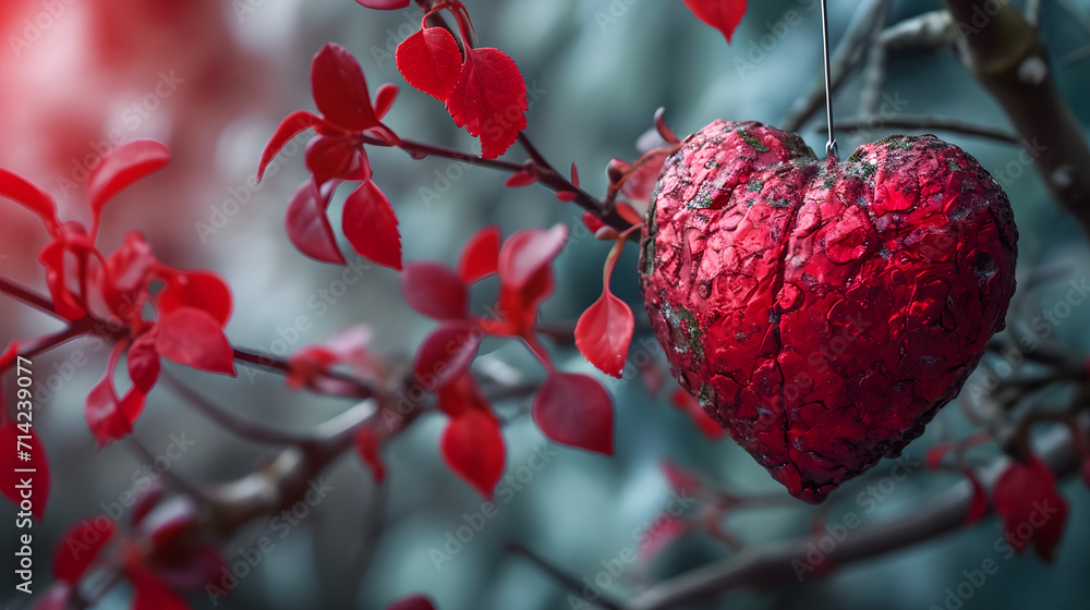 Red Heart Hanging From Tree Branch, A Symbol of Love and Connection ...