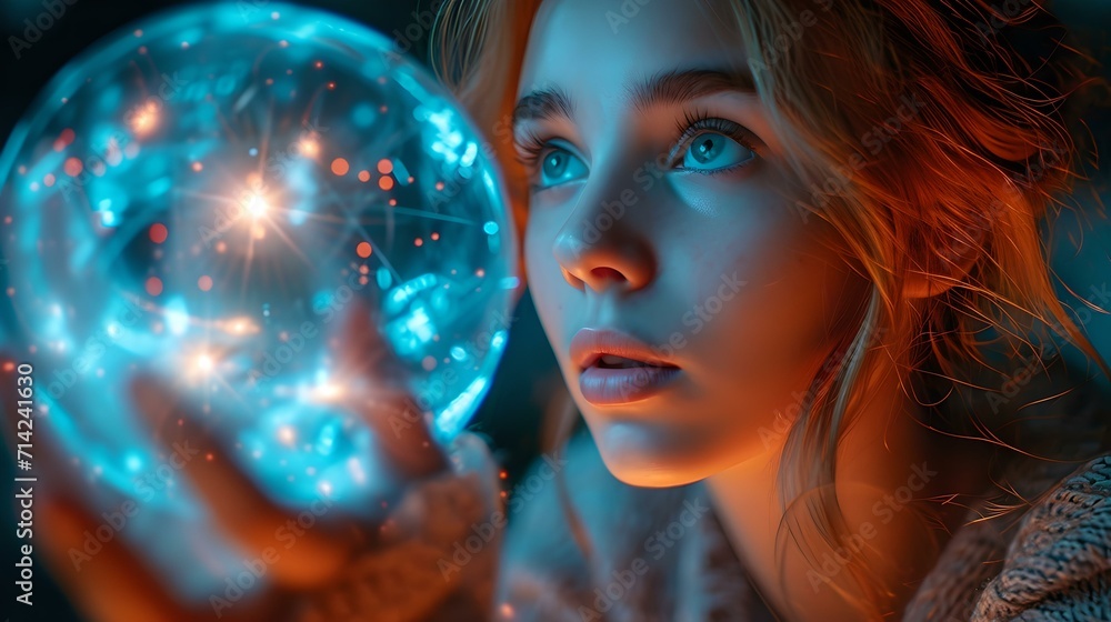 Mystical woman holding a glowing orb in a dark room. gazing into a ...