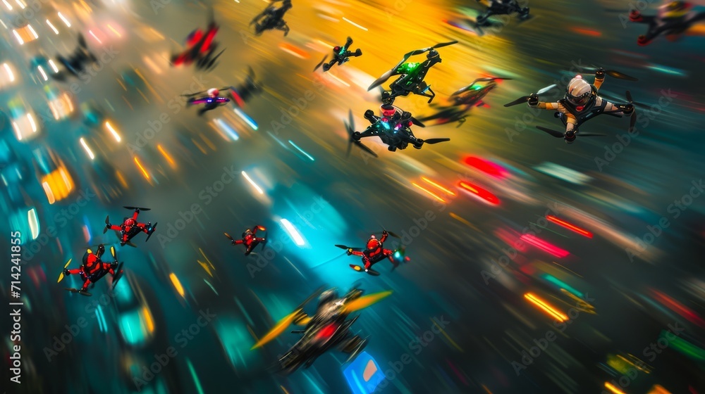 Race of drones in an urban setting. Dynamic angles and vibrant colors ...
