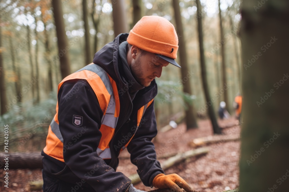 Portrait concentrated serious mature woodman forester Caucasian man ...