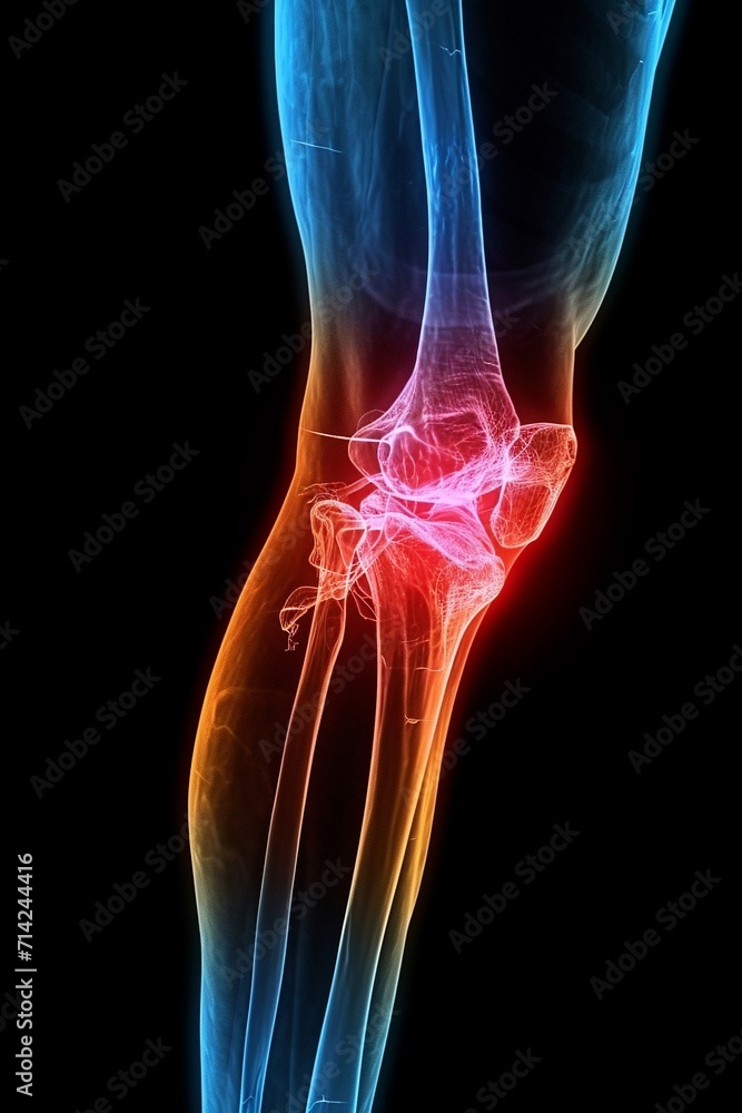 Thigh tendon injury, X - ray style, injury part with red luminous ...