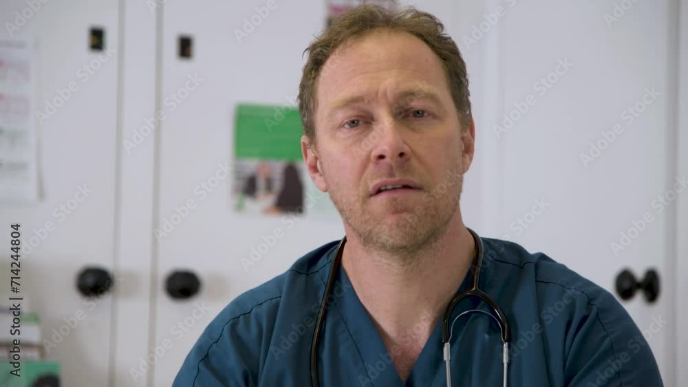 A mid shot of a handsome male doctor in blue scrubs consults a virtual ...