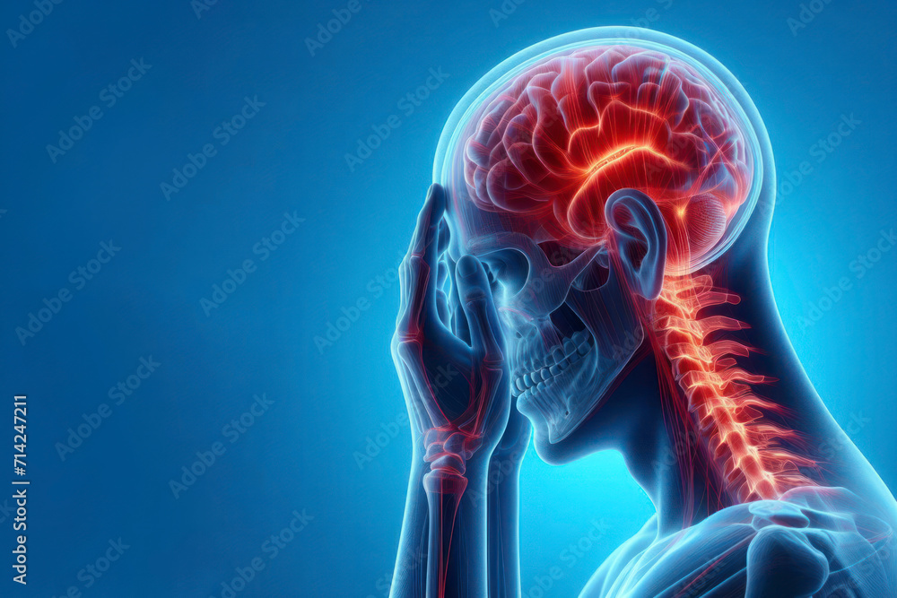 Anatomy of a human with head pain isolated on bright blue background ...