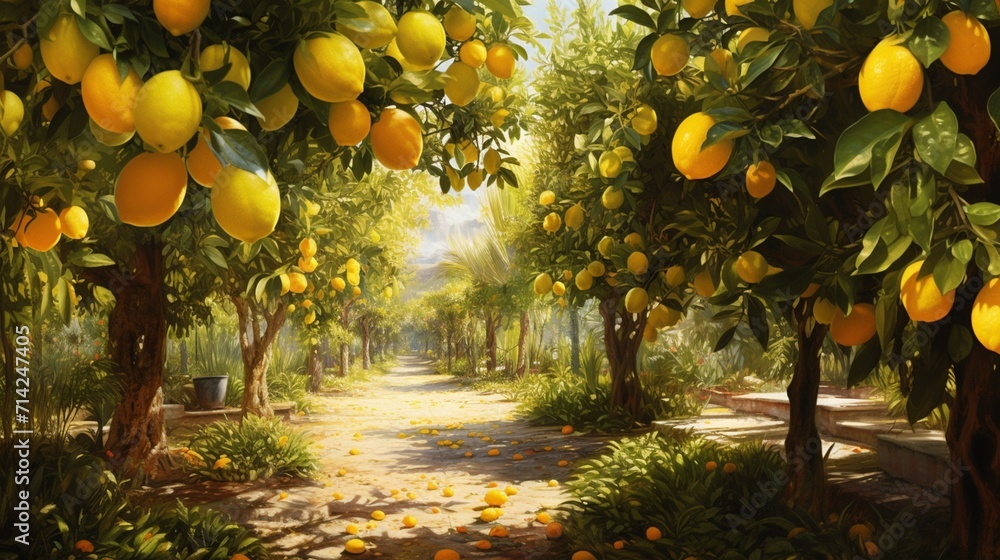 An ultra-realistic lemon grove with vibrant yellow fruits and glossy ...