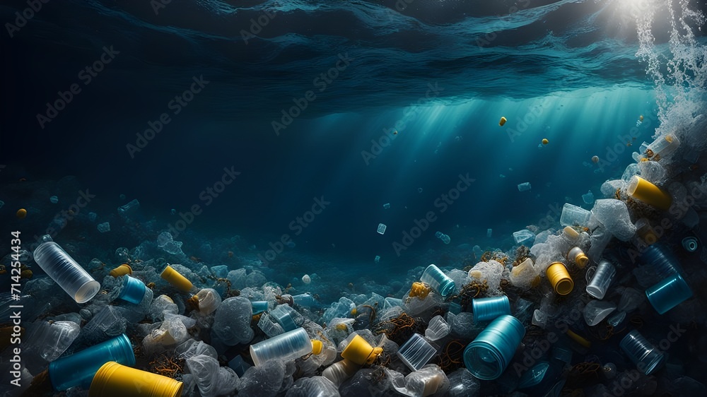 underwater scene wasted plastic trash, non-biodegradable plastic trash ...