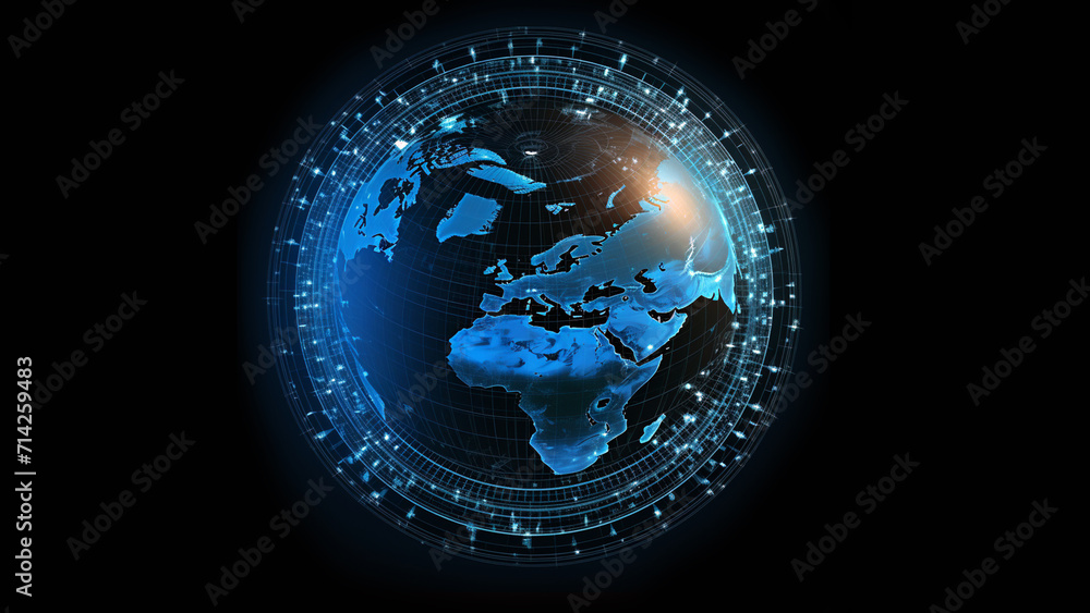 zoomed out globe made of nodal data network surrounded by rings of ...