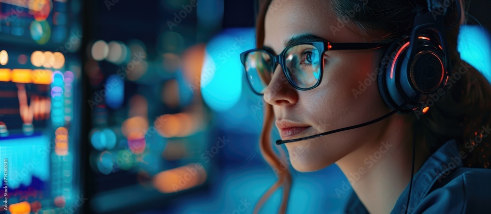 IT help desk, female with headset and glasses for questions on ...