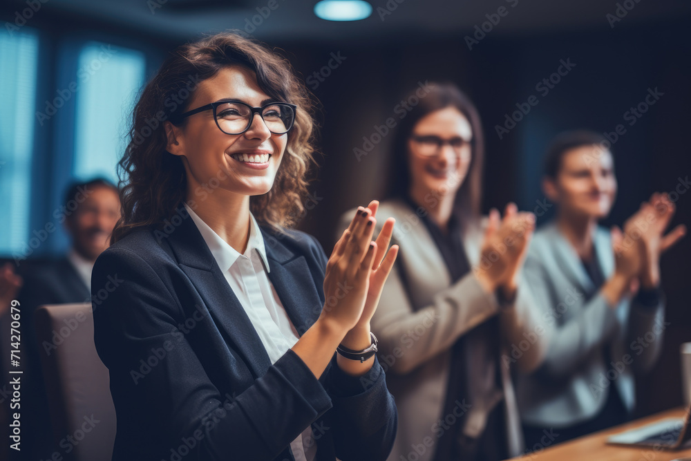 Strong office workers celebrating success with applause in meeting room ...