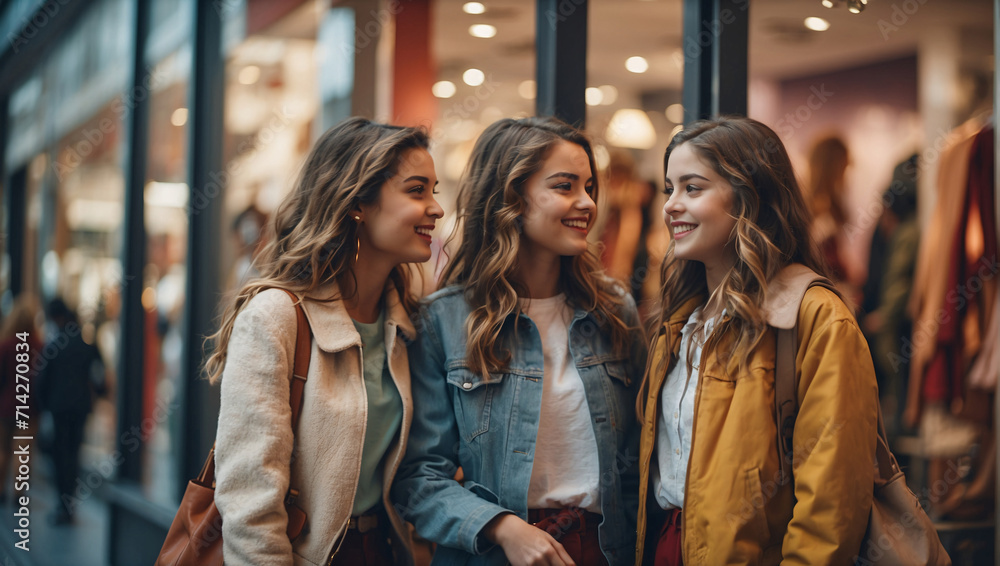 Generation Z girls have fun shopping at the mall. The smiles of young ...