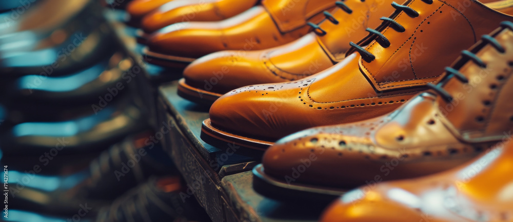 Rows of polished leather shoes on display, their craftsmanship shining ...