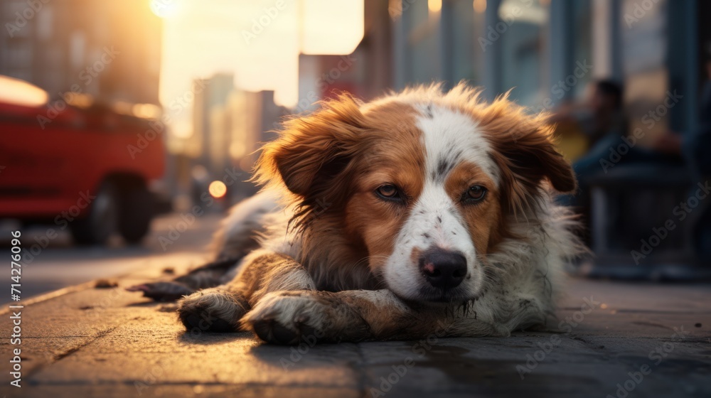 Relaxed yet observant dog on city pathway, soaking wet fur glistening ...