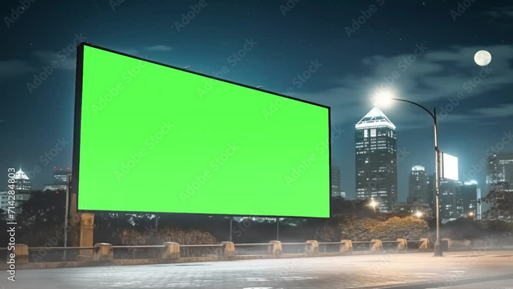 Blank green screen billboard with cityscape background at day time ...