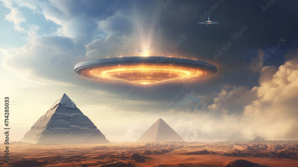 UFO design with energizing flying saucer, aliens and egyptian pyramids ...