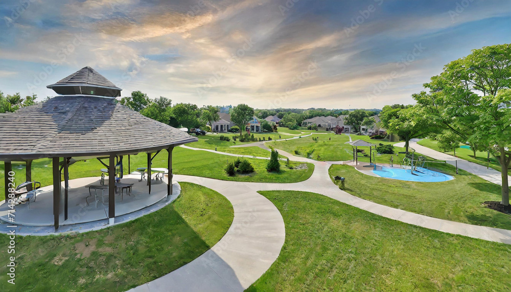 suburban neighborhood park with playgrounds, walking paths, and a ...