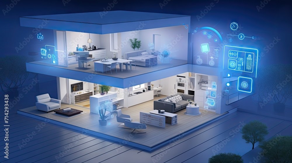 Smart home technology conceptual banner. Building consists digits and ...