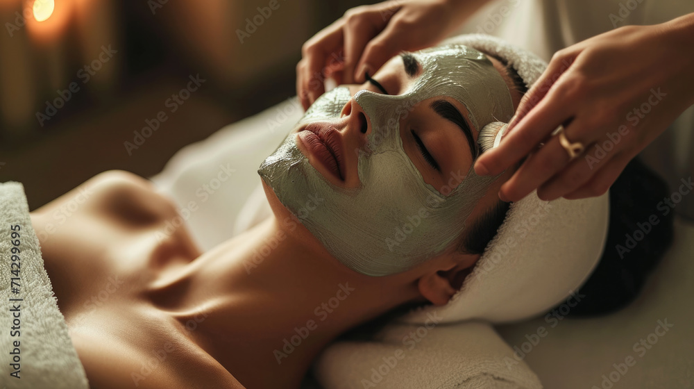 Relaxed woman receiving a facial treatment with a mask being applied to ...