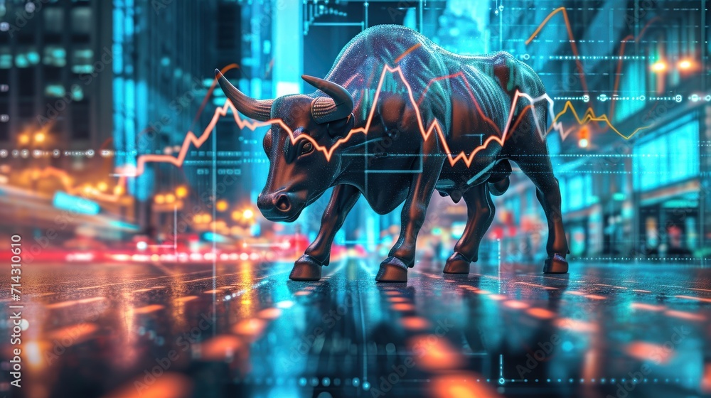 Powerful bull set against a city backdrop, symbolizing a robust and ...