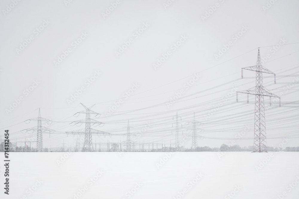 A lot of high-voltage power line in winter with lots of snow on the ...