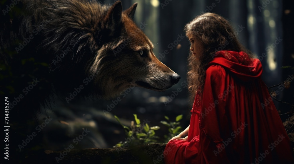 Little Red Riding Hood encountering wolf in enchanted forest. Fairy ...