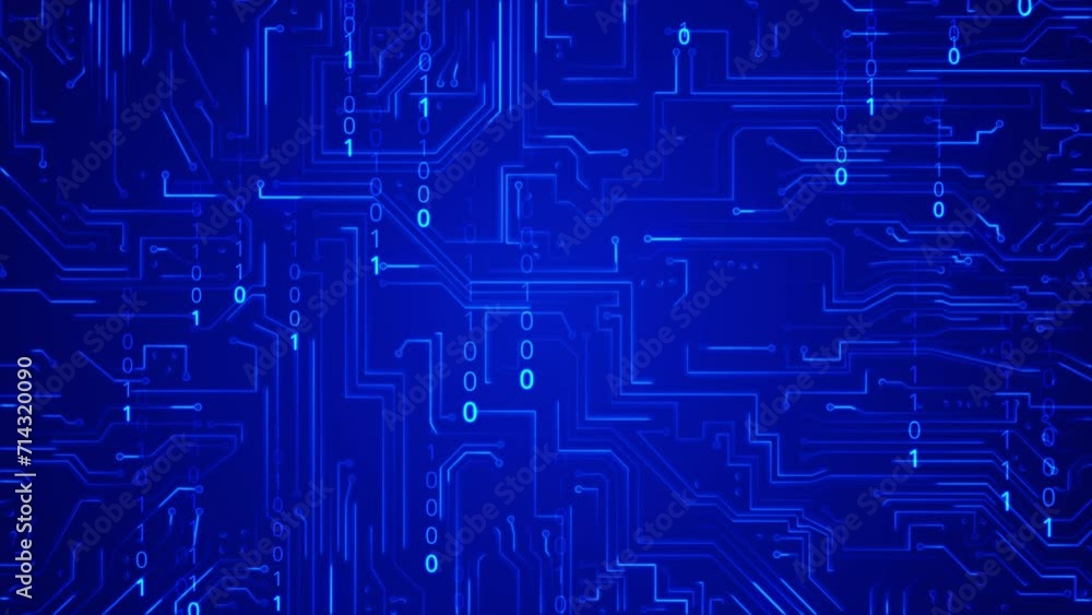 Circuit board connection and falling down binary code on blue ...