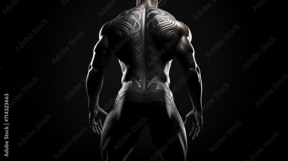 An anatomical depiction of a muscular male's back, illuminated to ...