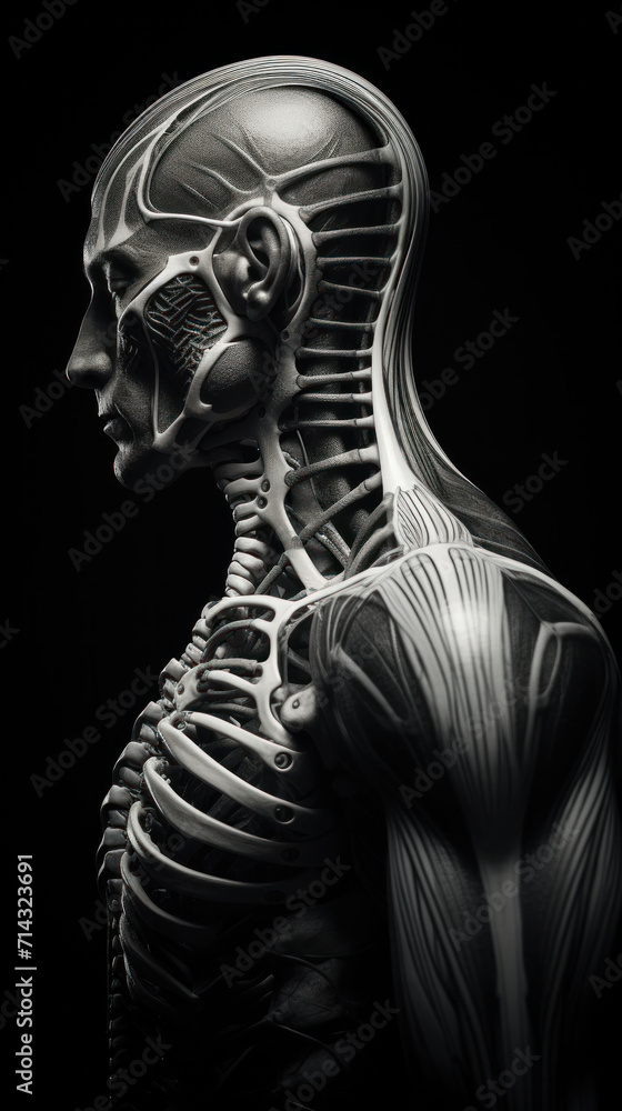 Rear view of a male figure showing detailed musculature and skeletal ...
