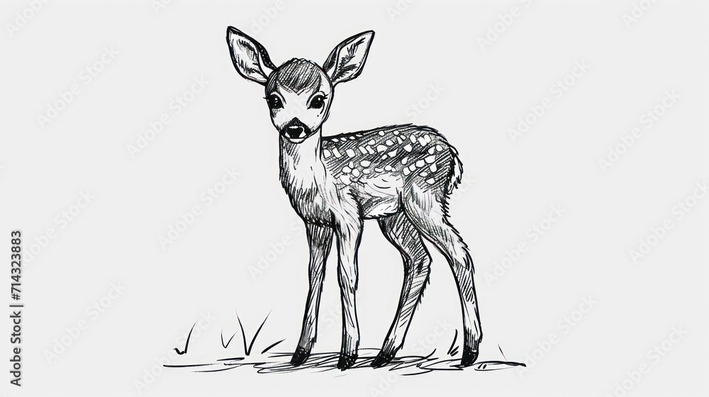 a black and white drawing of a fawn standing in the grass with its head ...