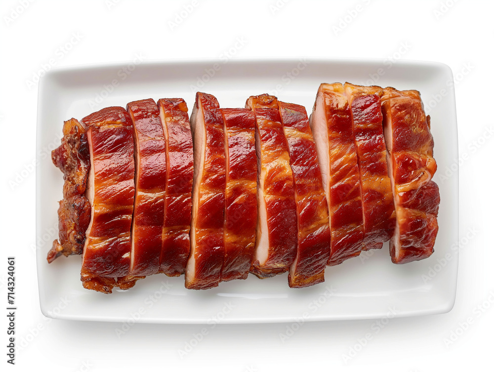 Cooked Lechon belly, Filipino Food in white plate and white background ...