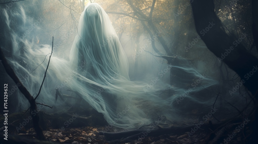 Ethereal Presence: Ghost Peeks Out from Forest AI Generated Stock ...