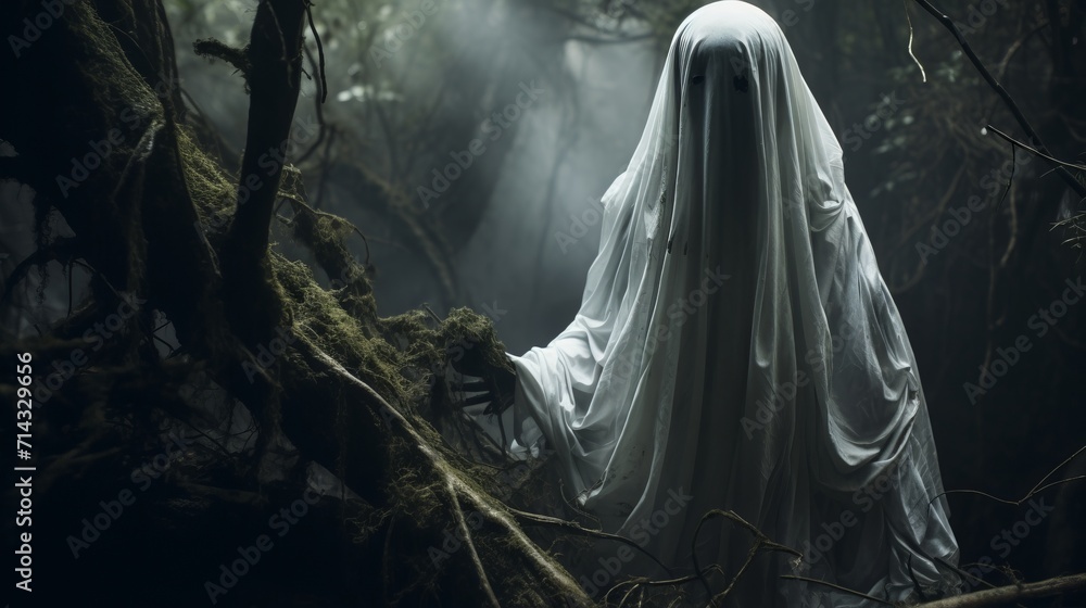 Ethereal Presence: Ghost Peeks Out from Forest AI Generated Stock ...