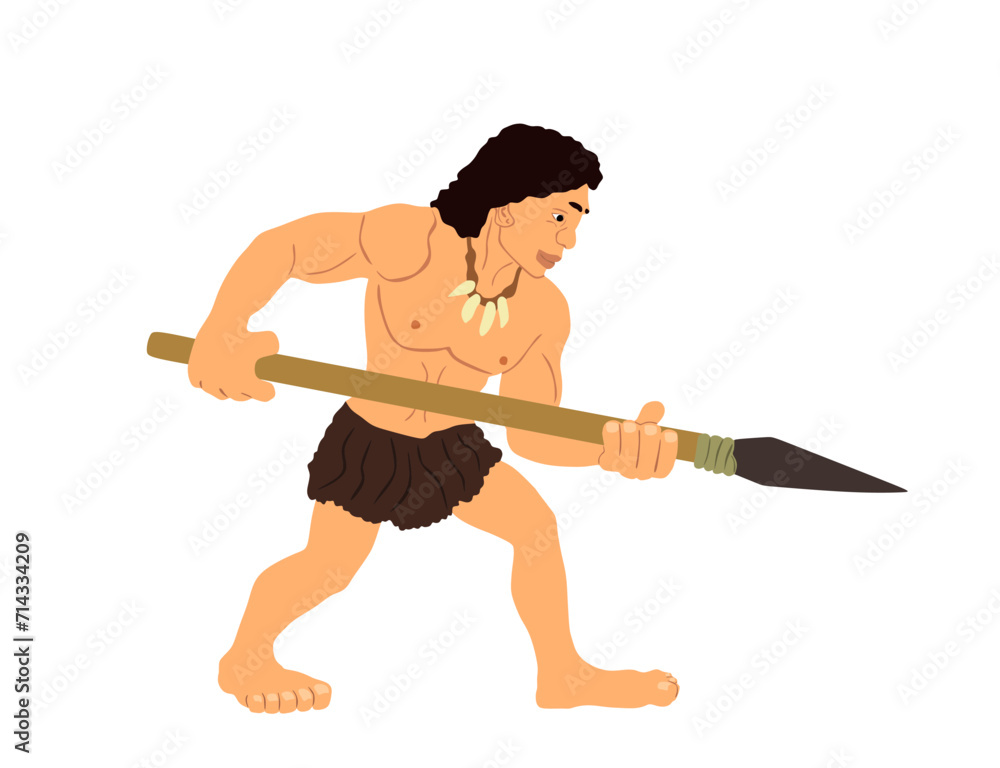 Caveman hunter hunting with spear vector illustration isolated on white ...