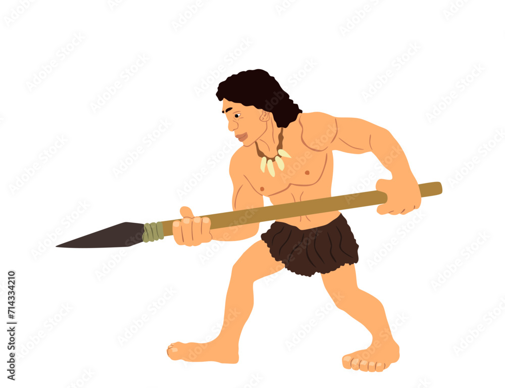 Vecteur Stock Caveman hunter hunting with spear vector illustration ...