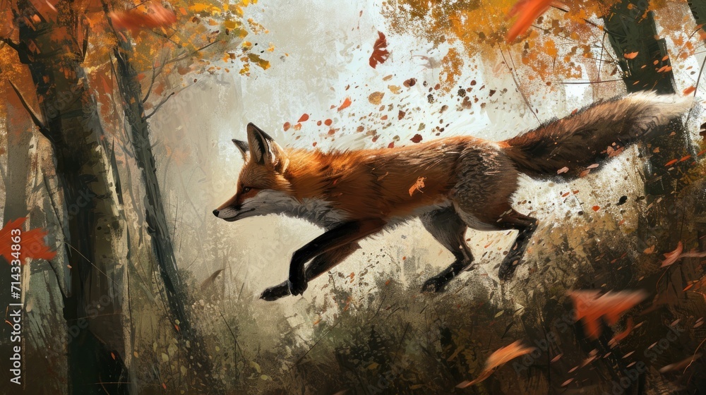 a painting of a red fox running through a forest with leaves falling ...