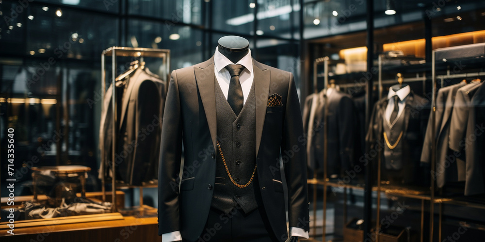 Photo of a suit visible on the model in the store, Interior of a luxury ...