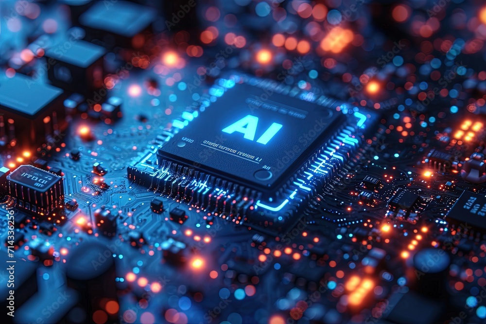 microchip with "AI" logo text irradiating pulse of blue energy to other ...